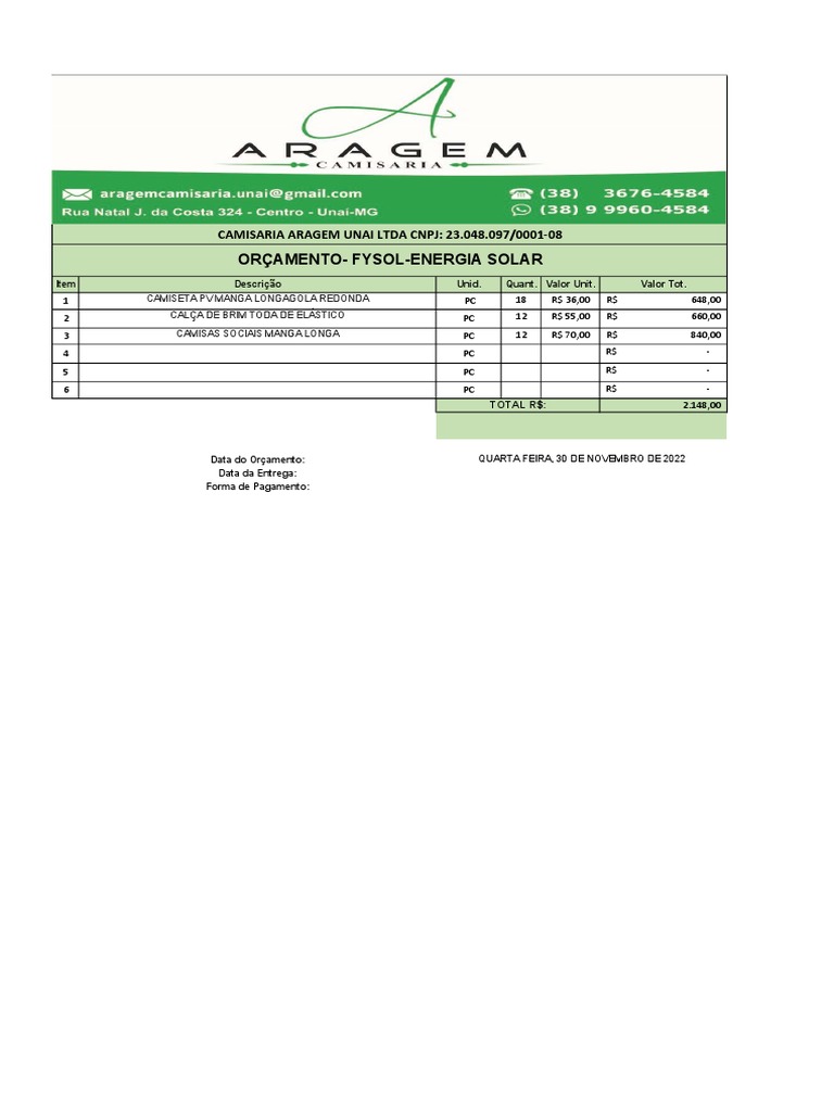 Orçamento Uniformes FYSOL - Aragem | PDF