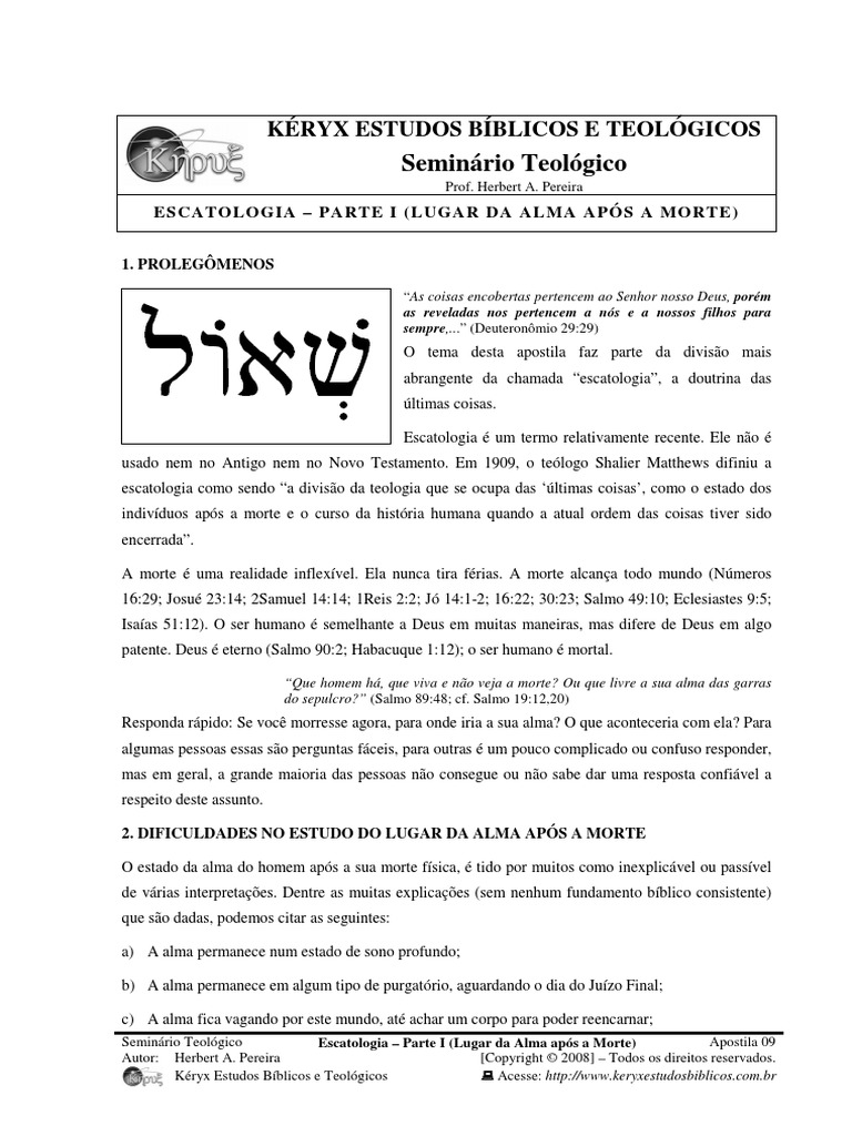 Apostila 09 Seminario Teologico Escatologia Parte I Lugar Da Alma Apos ...