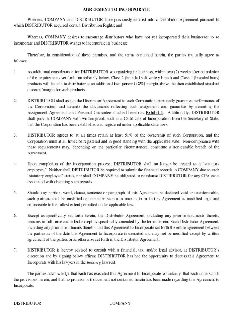 Concise Incorporation Agreement Sample | PDF | Private Law | Business Law