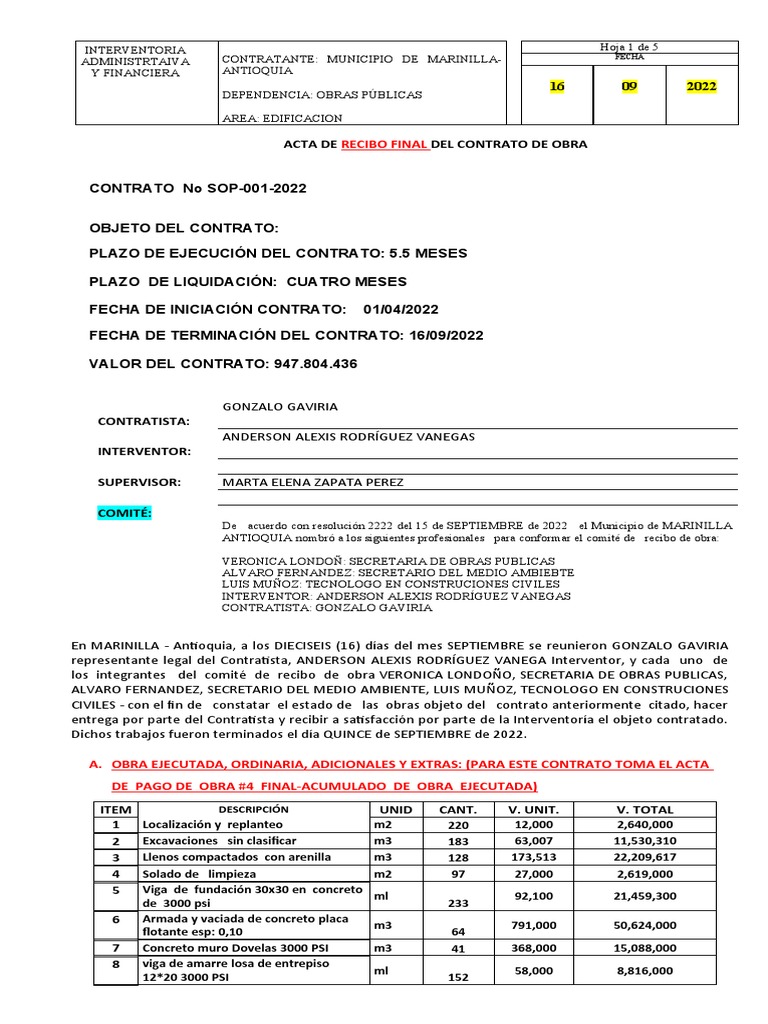 Acta De Recibo Parcial De Obra