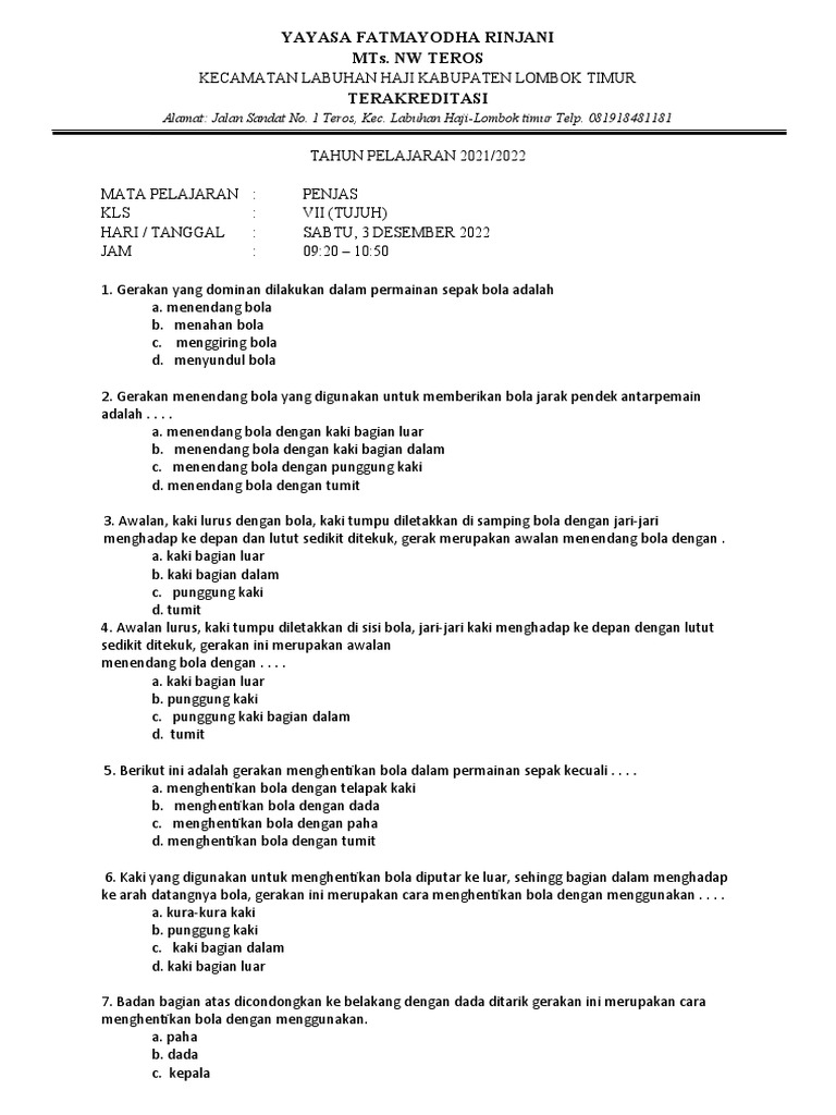 Soal Uts Pjok Kelas 7 2022 Bner | PDF