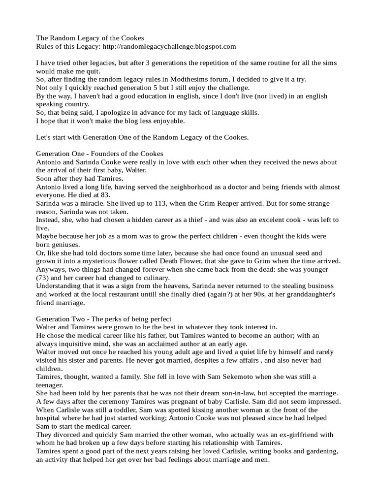 Cookes Legacy - A Sims 3 Random Challenge | PDF