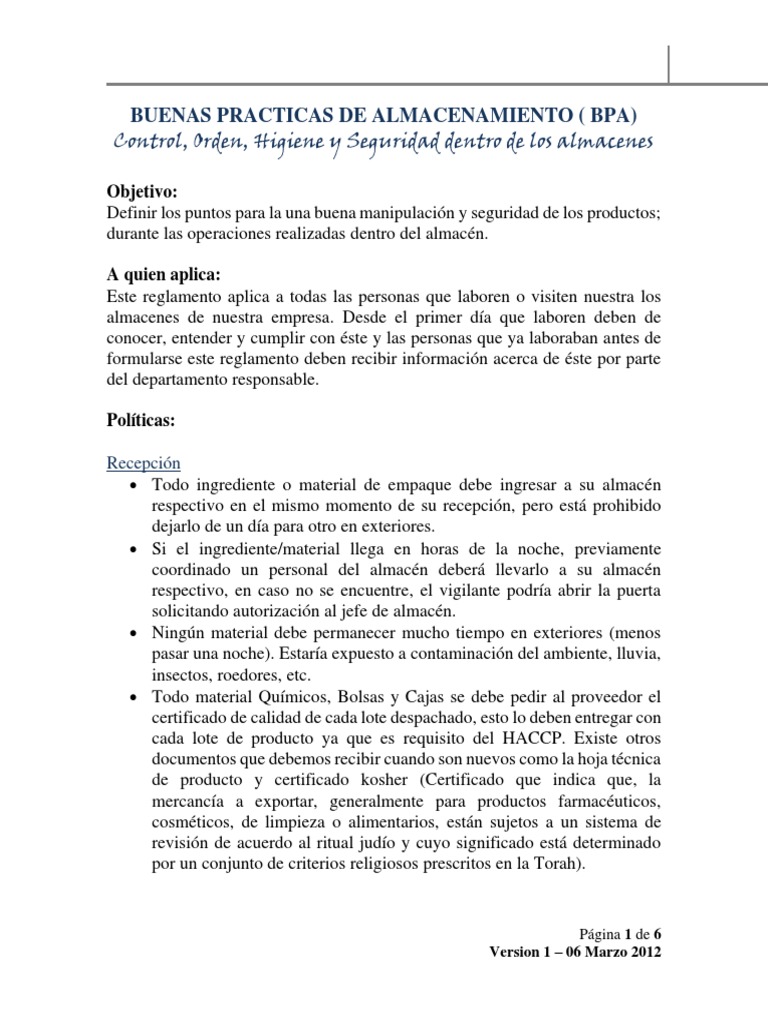 Buenas Practicas de Almacenamiento (Bpa) | PDF