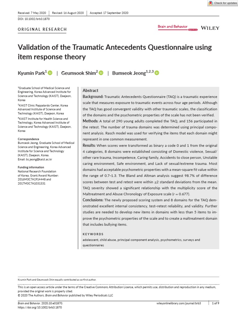 Validation of The Traumatic Antecedents Questionnaire Using Item Response Theory | PDF ...