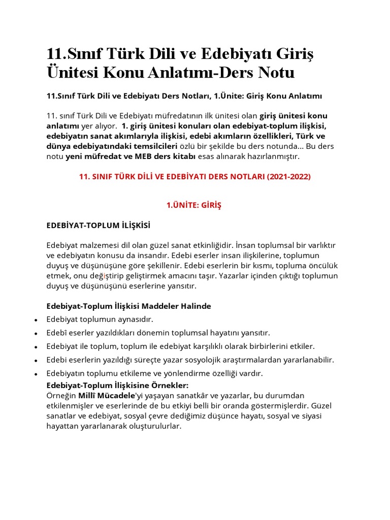 11.sinif Edebiyat 1. Unite Konu Anlatimi 2021 2022 | PDF