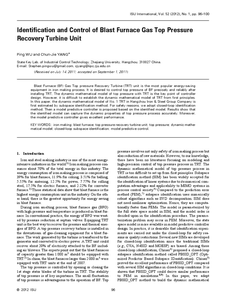 Identification And Control Of Blast Furnace Gas Top Pressure Recovery Turbine Unit Pdf