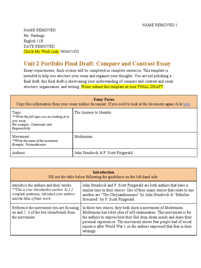Team Unit 2 Compare and Contrast Essay Final Draft Student Sample | PDF ...