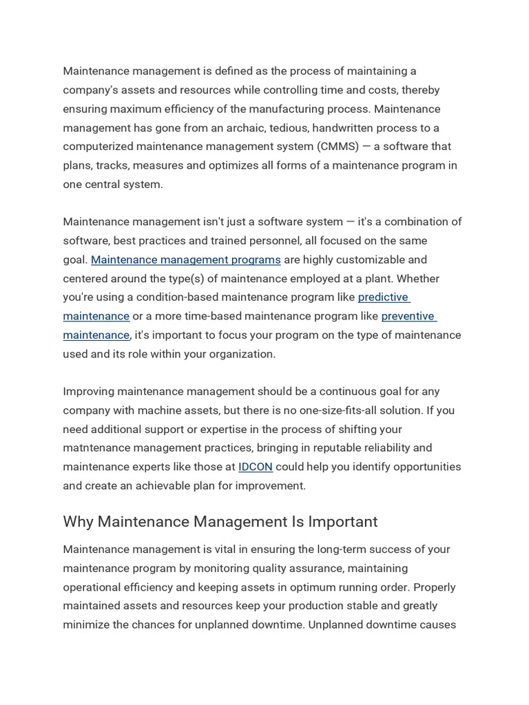 Maintenance Management Is Defined As The Process of Maintaining A ...