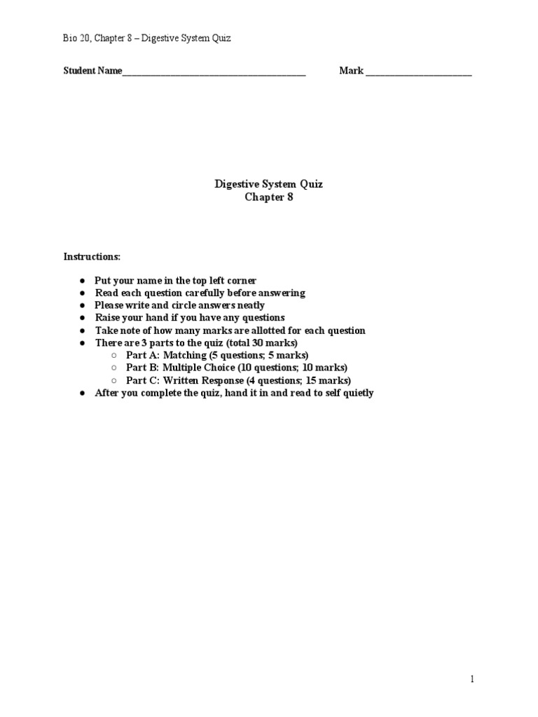 Tqs 3 Bio 20 Chapter 8 Digestive System Quiz | PDF | Digestion ...