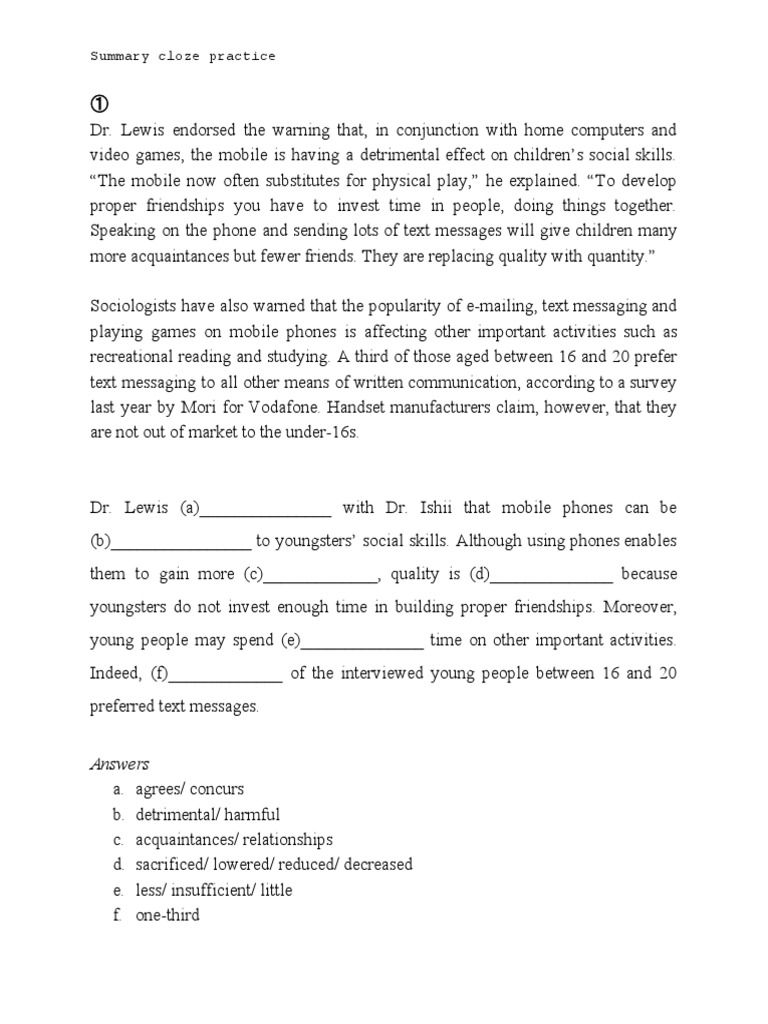 Summary Cloze Practice | PDF | Text Messaging | Elephant