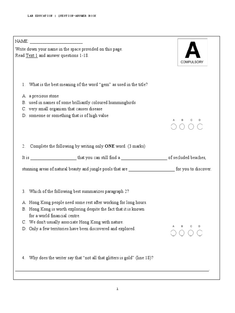 Lab Education English Mock Exam - Question Answer Book | PDF