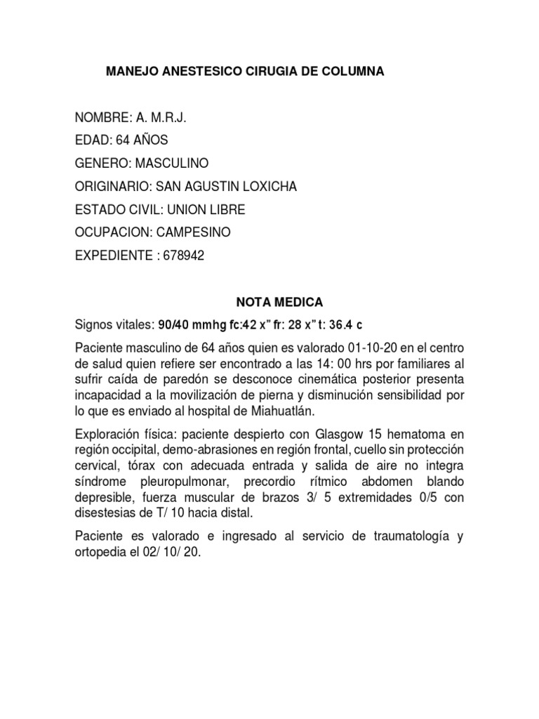 Manejo Anestesico Cirugia de Columna 20020 | PDF | Medicina CLINICA ...