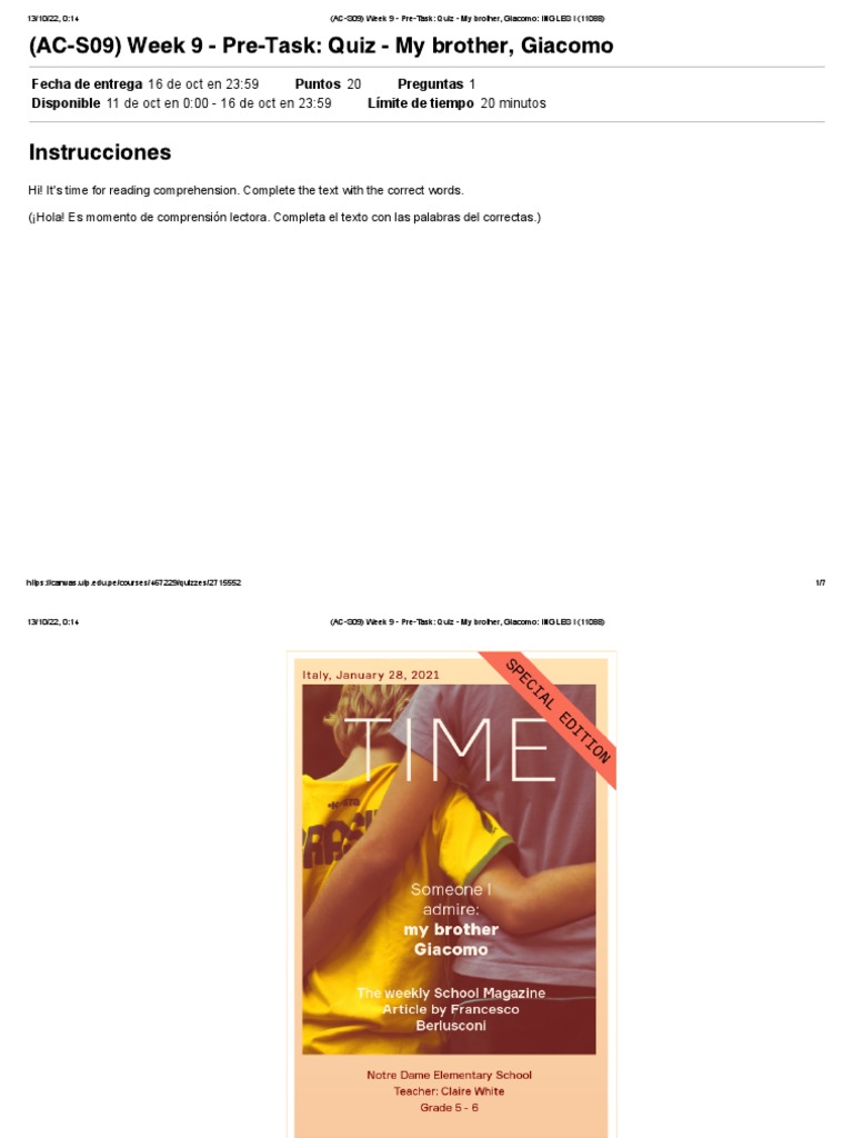 (AC-S09) Week 9 - Pre-Task - Quiz - My Brother, Giacomo - INGLES I (11088) | PDF