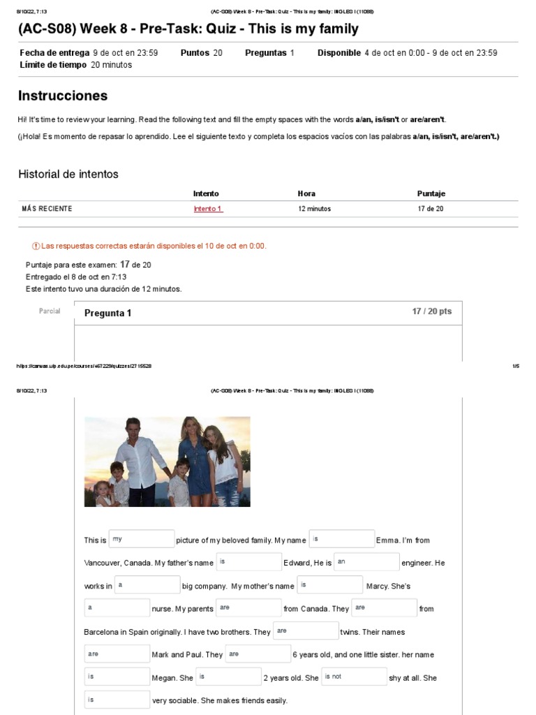 (AC-S08) Week 8 - Pre-Task - Quiz - This Is My Family - INGLES I (11088) | PDF