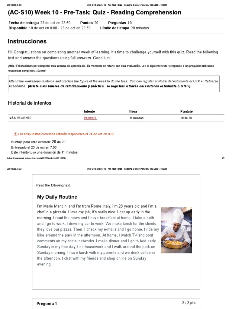 (AC-S10) Week 10 - Pre-Task - Quiz - Reading Comprehension - INGLES I (11088) | PDF | Eating ...