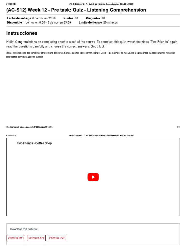 (AC-S12) Week 12 - Pre Task - Quiz - Listening Comprehension - INGLES I (11088) | PDF