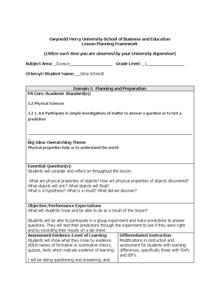 Short Lesson Plan Template Science Sink or Float Grade 1 | PDF | Lesson ...