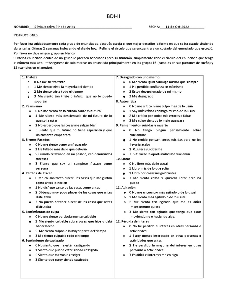 Evaluación de Depresión BDI-II | PDF | Dormir