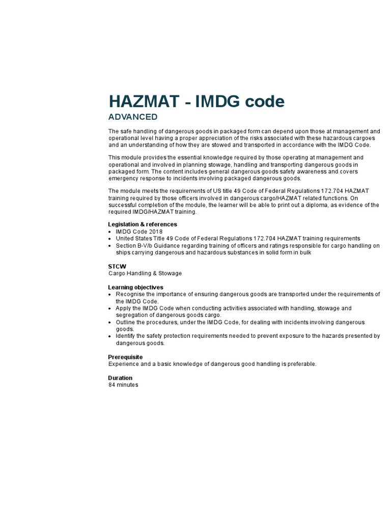 0151 - HAZMAT - IMDG Code - Advanced-2020!12!24 | PDF | Dangerous Goods | Working Conditions