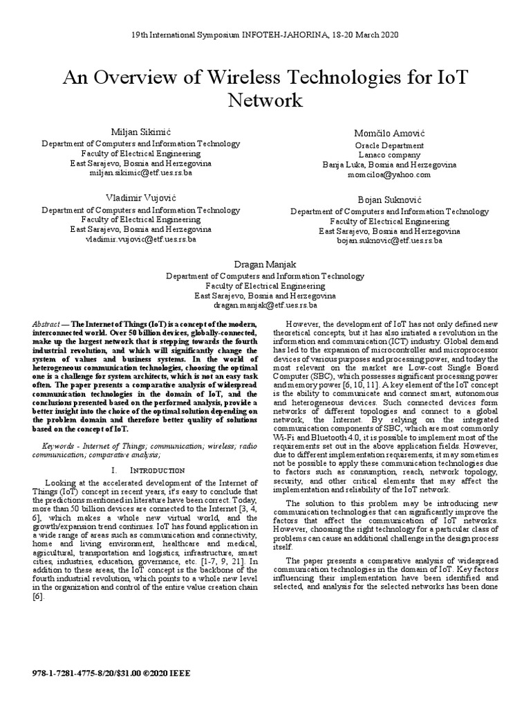 An Overview of Wireless Technologies For IoT Network | PDF | Internet ...