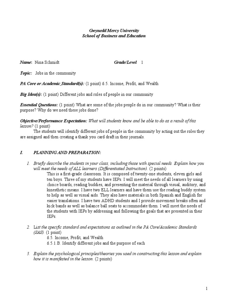 Community Jobs Lesson Plan for First Grade | PDF | Classroom ...