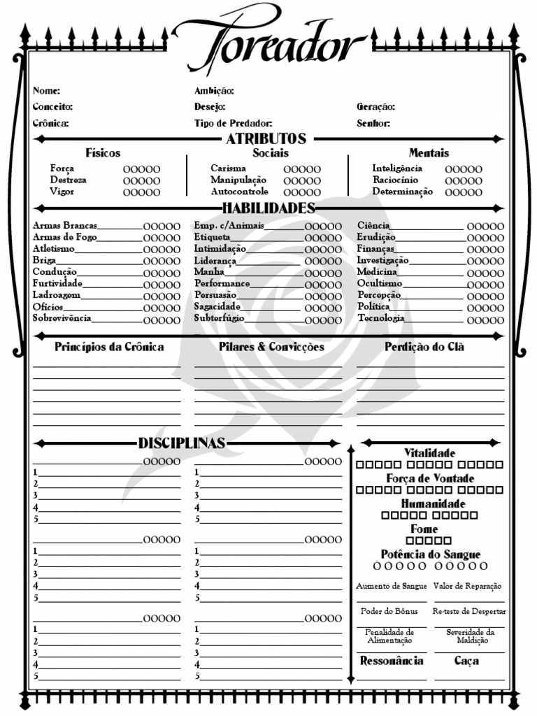 Vampiro 5º Edição Planilha Editável Toreador | PDF
