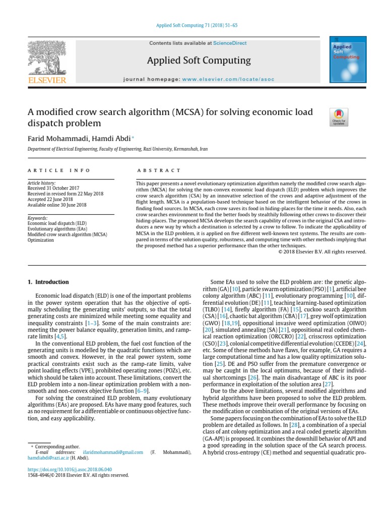 A Modified Crow Search Algorithm Mcsa For Solving Economic Load Dispatch Problem Pdf