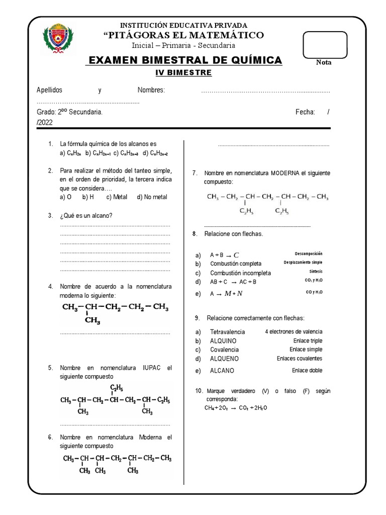 Examenes Bimiestrales Parte 01 | PDF | Enlace químico | Alcano