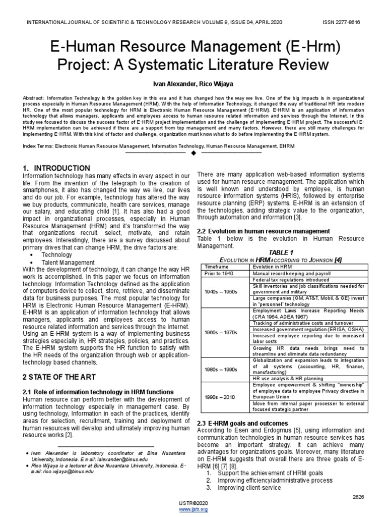 E Human Resource Management e HRM Project A Systematic Literature Review | PDF | Human Resource ...