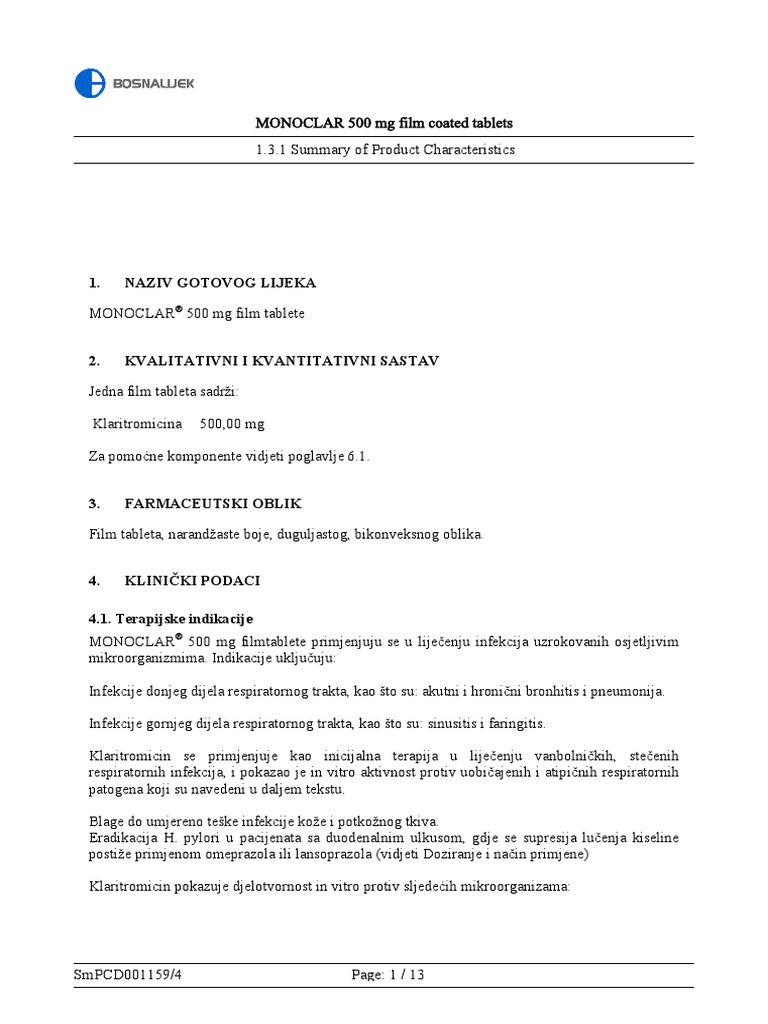Sazetak Karakteristika Lijeka Monoclar Film Tbl.14 X 500 MG | PDF