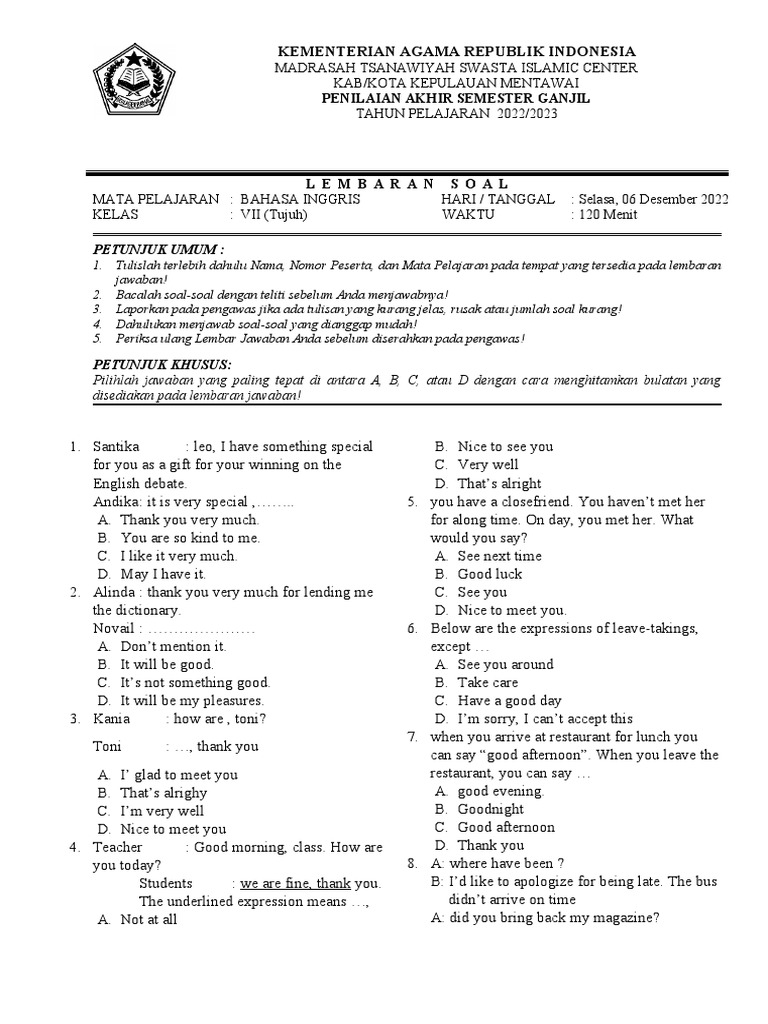 Soal Bahasa Inggris KLS 7 | PDF