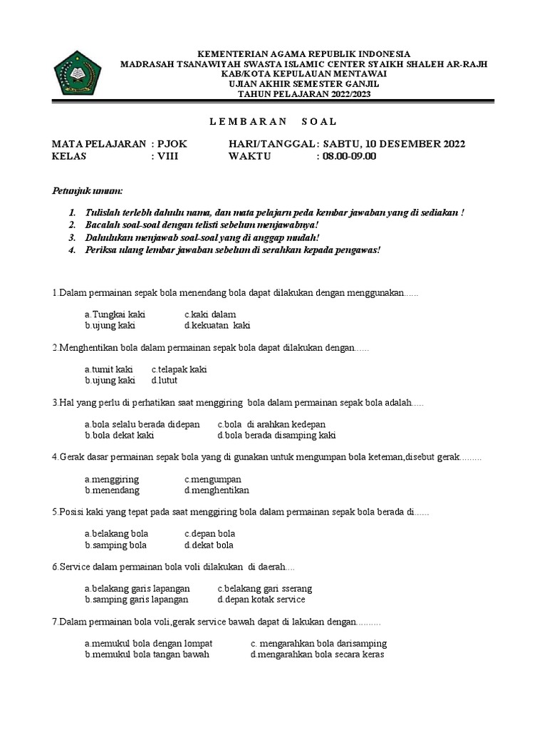 Sual Ujian Semester Mts Kelas VIII 2022-2023 | PDF