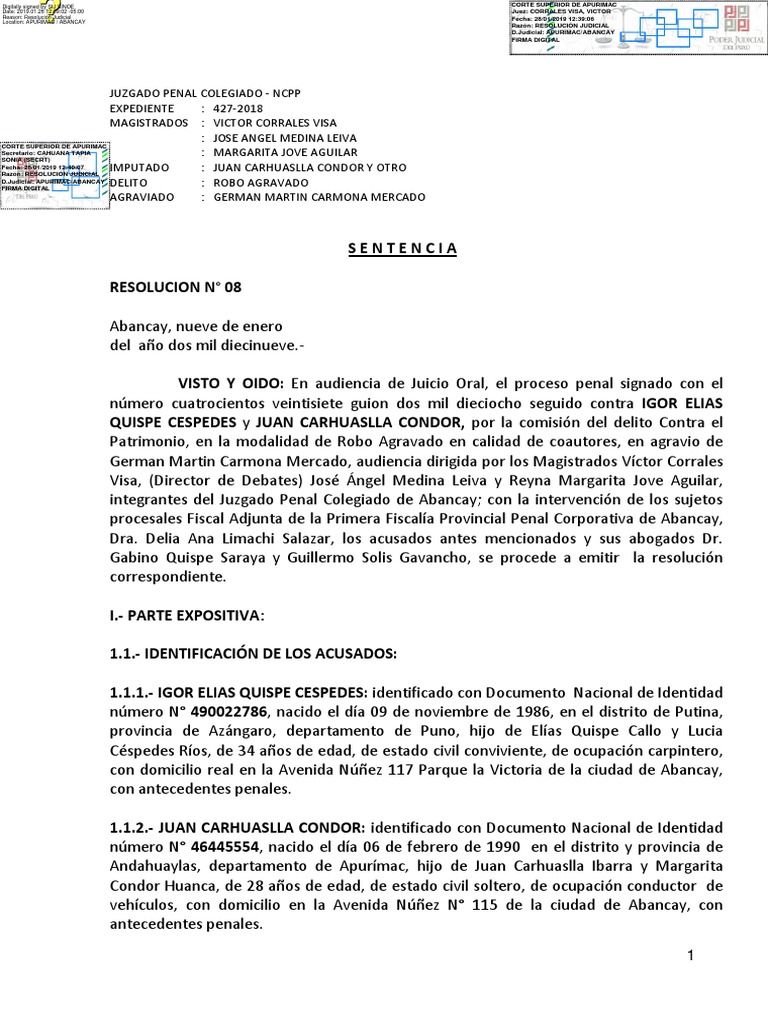 Sentencia Condenatoria | PDF | Procedimiento Criminal | Robo