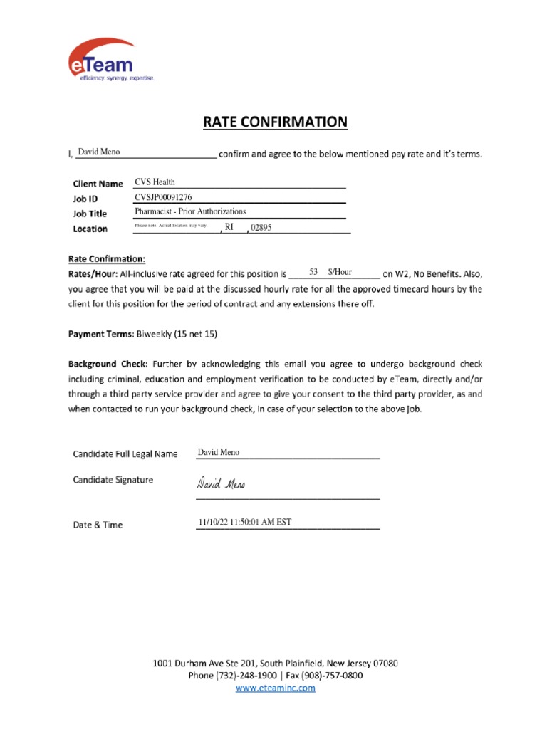 Rate Confirmation - W2 (ETeam Inc) | PDF