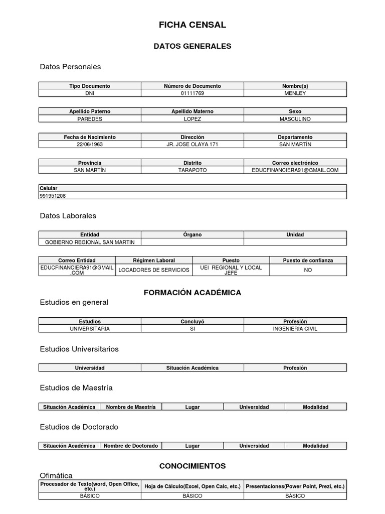 Ficha Censal de Menley Paredes López | PDF