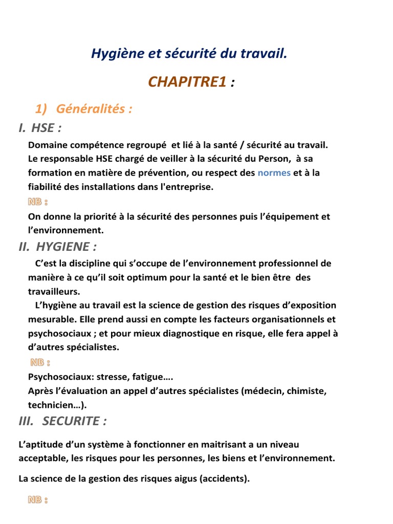 Hygiène et Sécurité au Travail : Guide Complet | PDF | Sécurité | Risque