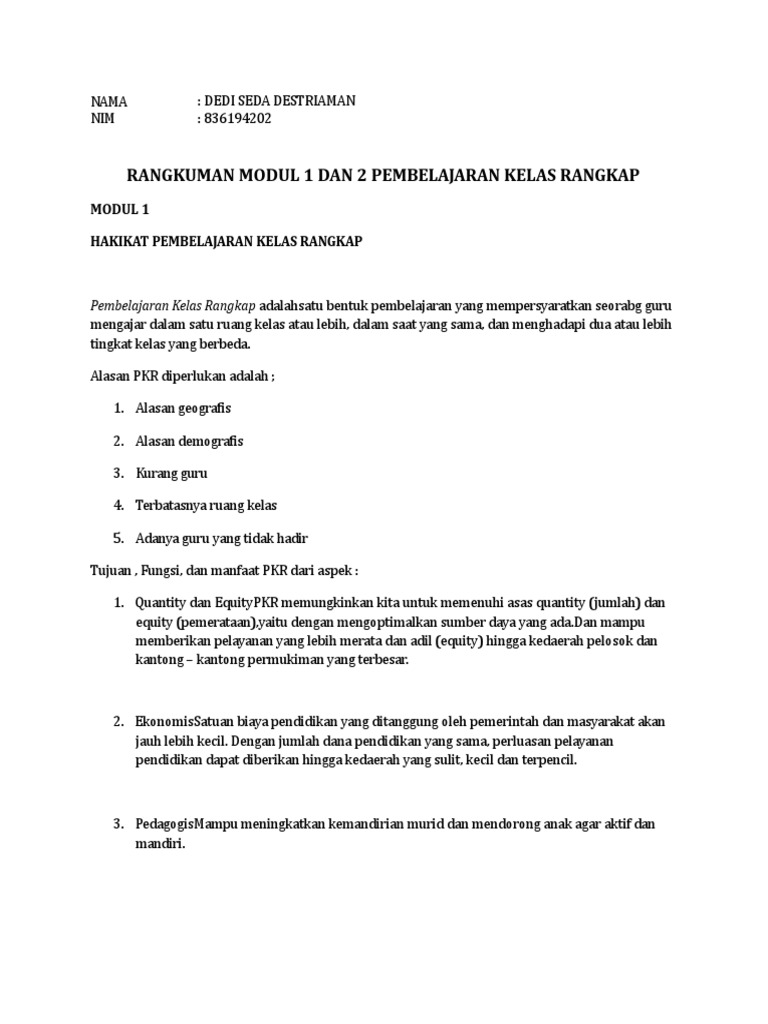 Rangkuman Modul 1 Dan 2 Pembelajaran Kelas Rangkap | PDF | Pengembangan Diri | Sains & Matematika
