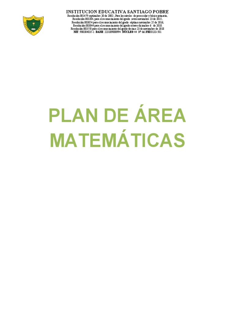Plan De área Matemáticas 2022 Pdf Matemáticas Educación De La