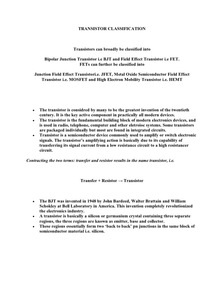 Transistor Classification Pdf Field Effect Transistor Transistor