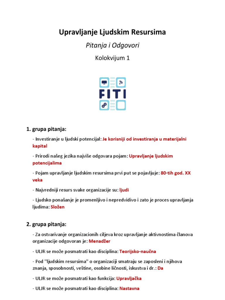 Upravljanje Ljudskim Resursima - Pitanja I Odgovori - Kolokvijum 1 | PDF