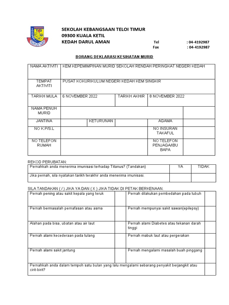 Borang Deklarasi Kesihatan Murid | PDF