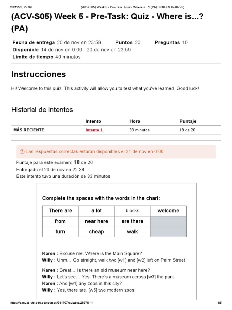 (ACV-S05) Week 5 - Pre-Task - Quiz - Where Is... - (PA) - INGLES II (46775) | PDF