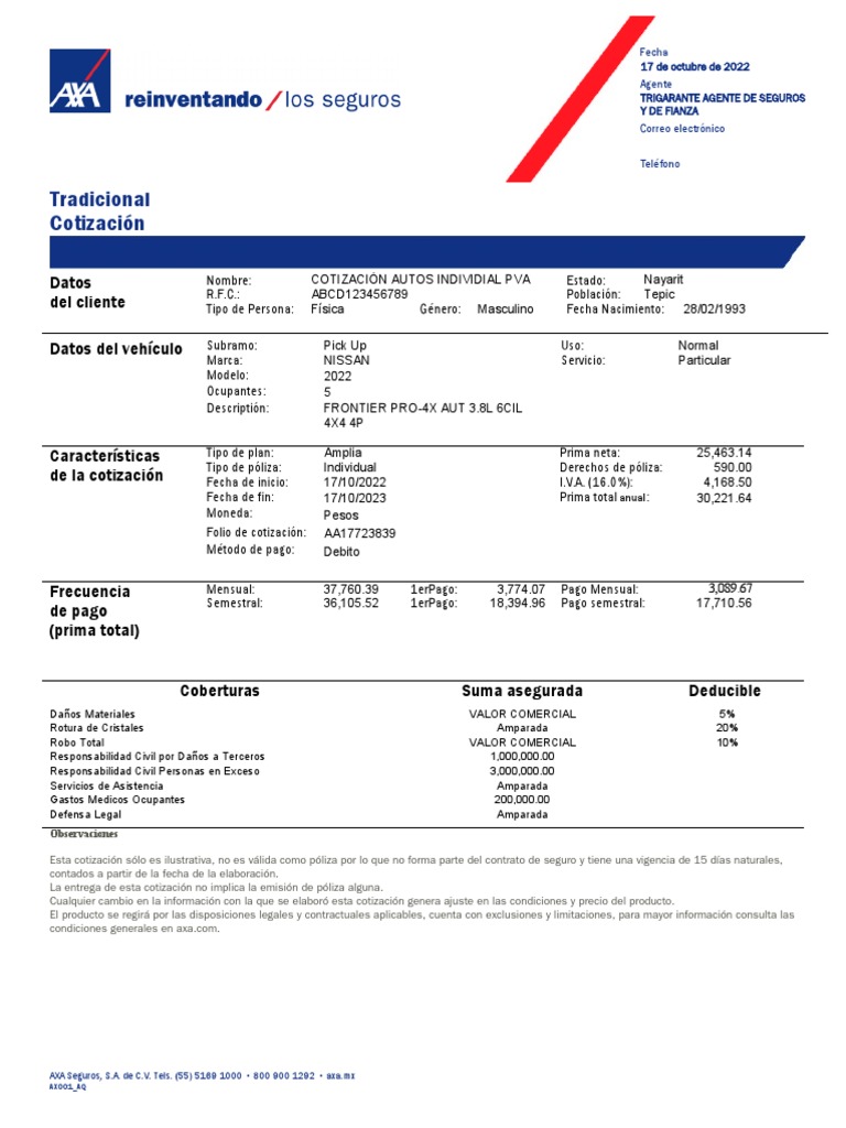 Cotizacion Axa Frontier Pro 2022 | PDF | Póliza de seguros | Seguro