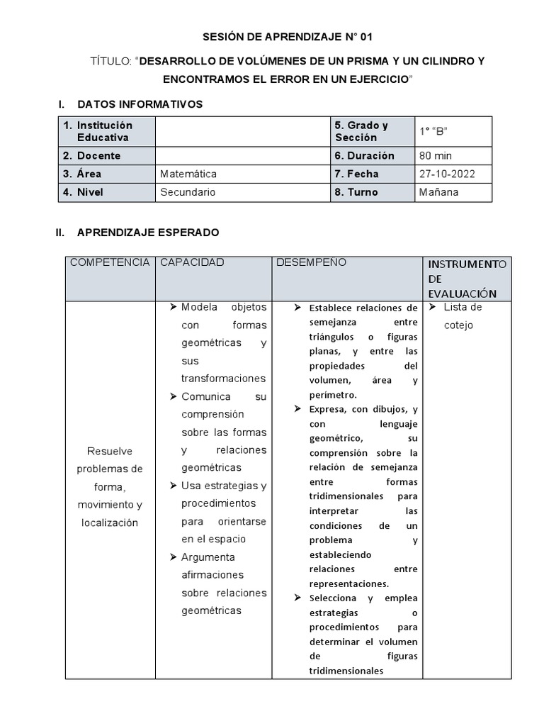 SESIÓN DE APRENDIZAJE N°1 Scribd | PDF | Geometría | Evaluación