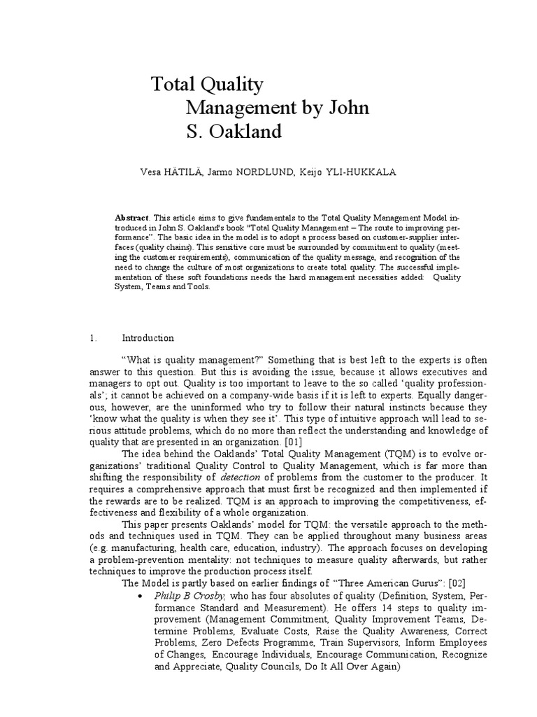 Total Quality Management by John S Oakland | PDF | Quality (Business) | Quality Management