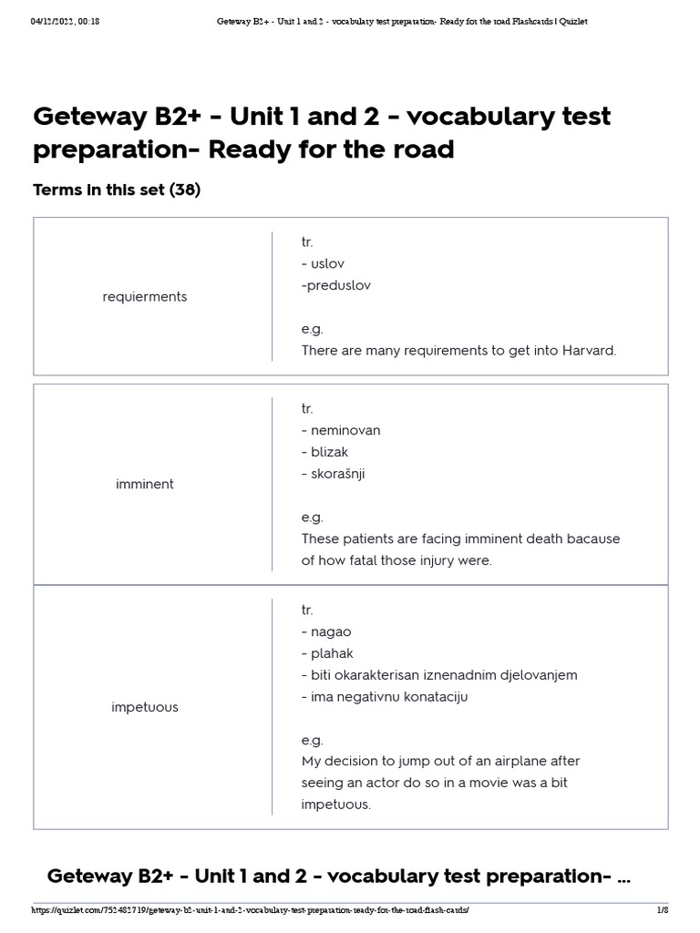 Geteway B2+ - Unit 1 and 2 - Vocabulary Test Preparation - Ready For ...