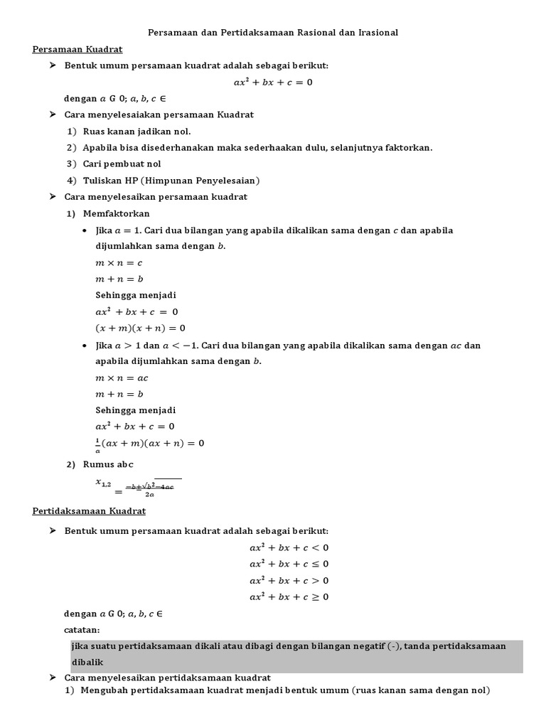 Persamaan Dan Pertidaksamaan Kuadrat Dan Rasional (13SEPT21) | PDF