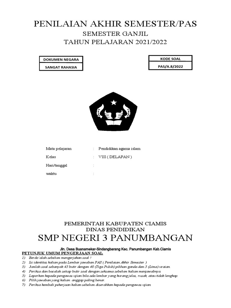 Soal Pas Pai KLS 8 2022 | PDF