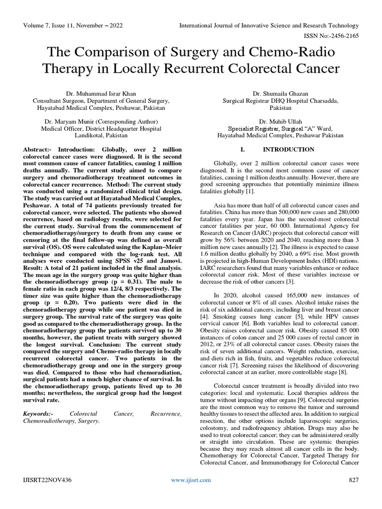 The Comparison of Surgery and Chemo-Radio Therapy in Locally Recurrent Colorectal Cancer | PDF ...