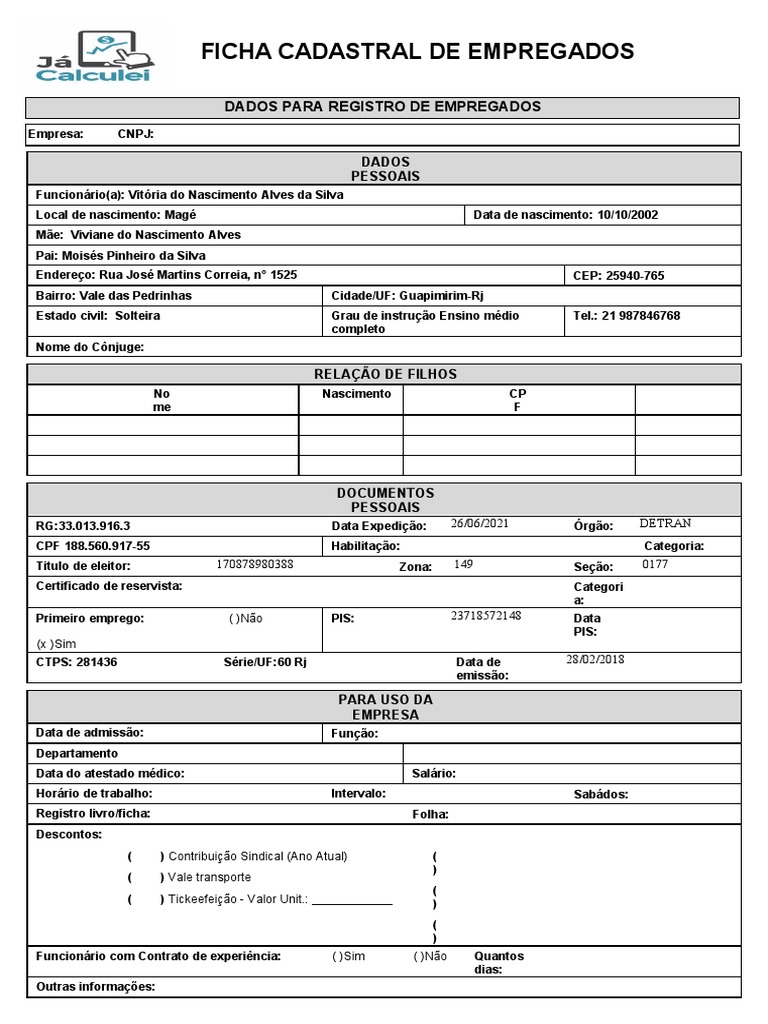Ficha Cadastral de Funcionários | PDF